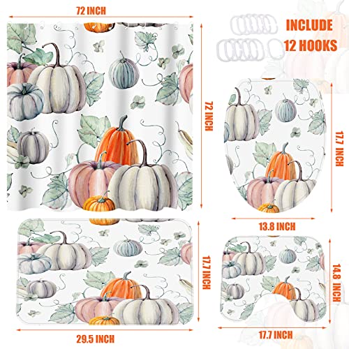 WILLBOND 4 Pcs Fall Shower Curtain Sets with Rugs Thanksgiving Watercolor Pumpkin Set Non Slip Toilet Lid Cover and Bath Mat 72 x Inches Hooks for Bathroom