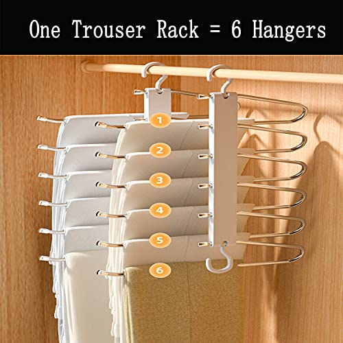 Pants Hangers Space Saving-6 in 1 Stainless Steel Magic Pants Hangers Pants Organizer-Non-Slip Closet Storage Organizer for Skirts Jeans Scarves Belts Towels Ties Leggings(1 Pack).