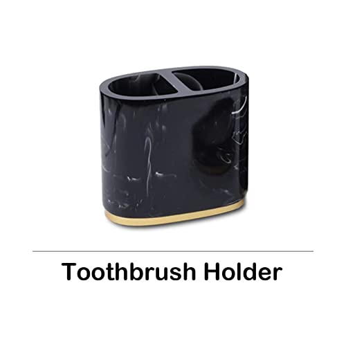 5-Piece Bathroom Counter Top Accessory Set - Dispenser for Liquid Soap or Lotion, Soap Dish, Toothbrush Holder and 2 Tumblers, Gold Base, Marble Pattern Resin, Ink Black