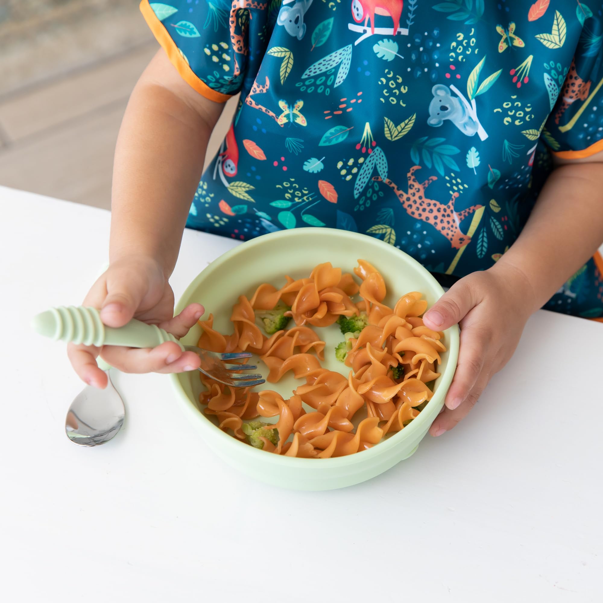 Bumkins Toddler Utensils, Kids Size Fork and Spoon Set, Silicone and Stainless-Steel Training Silverware, Angled Forks / Sporks for Self-Feeding, Children Hold Learning to Eat, 18 Mos Up, Sage Green