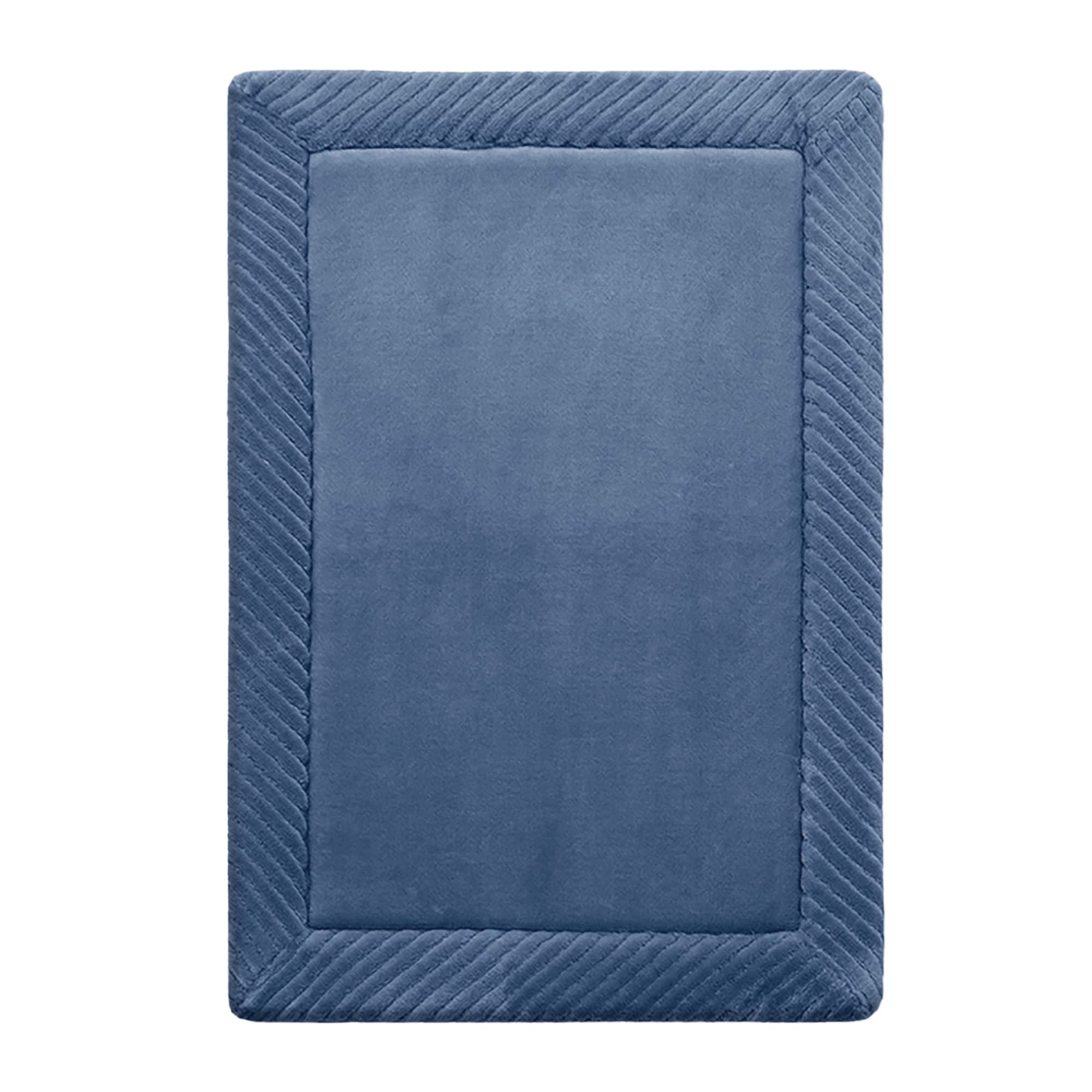 MICRODRY Habitude Flannel Bath Mats for Bathroom, Bordered Memory Foam Bathroom Mats, Skid Resistant Bathroom Rugs with Advanced Air Circulation for Fast Drying, 16 x 24 Inches, Blue
