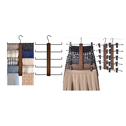 Mkono 2 Pack Scarf Hanger Wooden for Closet Organize Scarf Rack with 10 Hooks for All Scarves and 3 Pack Pants Skirts Hangers Space Saving 5 Tier with Adjustable Clips