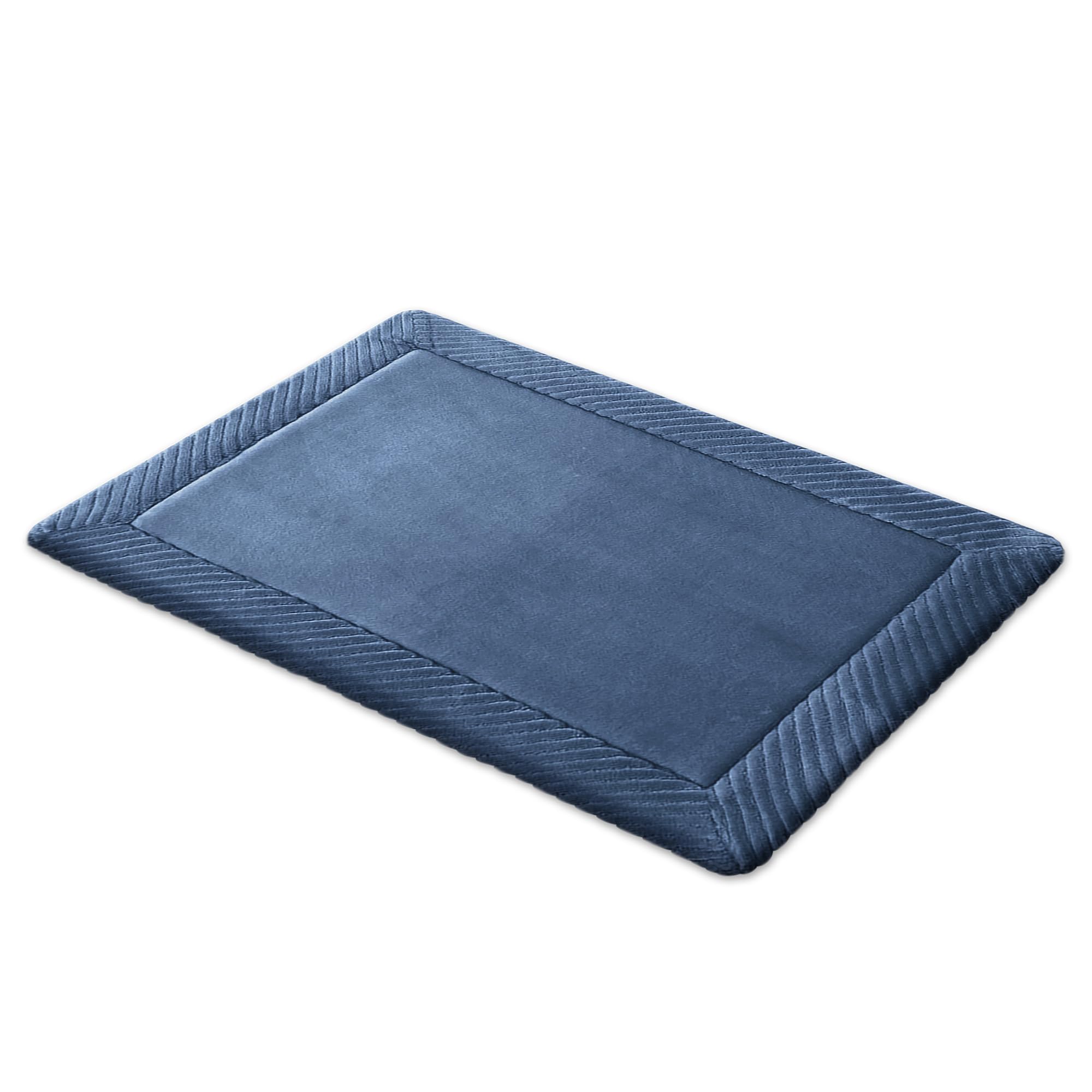 MICRODRY Habitude Flannel Bath Mats for Bathroom, Bordered Memory Foam Bathroom Mats, Skid Resistant Bathroom Rugs with Advanced Air Circulation for Fast Drying, 16 x 24 Inches, Blue