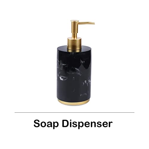 5-Piece Bathroom Counter Top Accessory Set - Dispenser for Liquid Soap or Lotion, Soap Dish, Toothbrush Holder and 2 Tumblers, Gold Base, Marble Pattern Resin, Ink Black