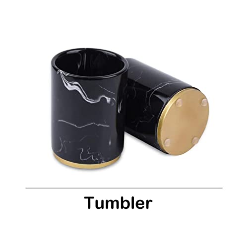 5-Piece Bathroom Counter Top Accessory Set - Dispenser for Liquid Soap or Lotion, Soap Dish, Toothbrush Holder and 2 Tumblers, Gold Base, Marble Pattern Resin, Ink Black