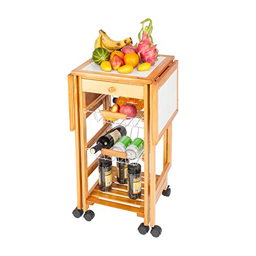 Kepooman Kitchen Dining Cart Wood Portable Folding Rolling Drop Leaf Kitchen Island Storage Trolley Cart Shelves w/Drawers,Rack,Fruit Baskets,Brown