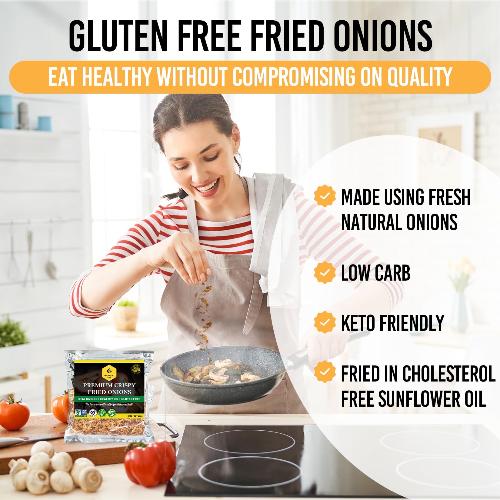 Crispy Fried Onions | 100% Natural (Non-GMO) | Gluten Free | KETO Friendly | No Sodium | Low Carb | Resealable Bag | 32 oz | By Nawabi Life