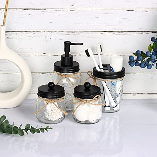 Nuscen Mason Jar Bathroom Accessories (Set of 4) Lotion Soap Dispenser,2 Apothecary Jars,Toothbrush Holder,Rustic Farmhouse Decor,Multifunction Storage Countertop Vanity Organizer Jars