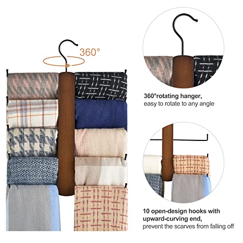 Mkono 2 Pack Scarf Hanger Wooden for Closet Organize Scarf Rack with 10 Hooks for All Scarves and 3 Pack Pants Skirts Hangers Space Saving 5 Tier with Adjustable Clips