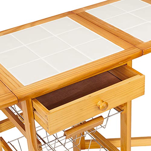 Kepooman Kitchen Dining Cart Wood Portable Folding Rolling Drop Leaf Kitchen Island Storage Trolley Cart Shelves w/Drawers,Rack,Fruit Baskets,Brown