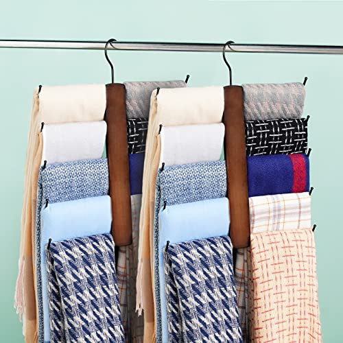 Mkono 2 Pack Scarf Hanger Wooden for Closet Organize Scarf Rack with 10 Hooks for All Scarves and 3 Pack Pants Skirts Hangers Space Saving 5 Tier with Adjustable Clips