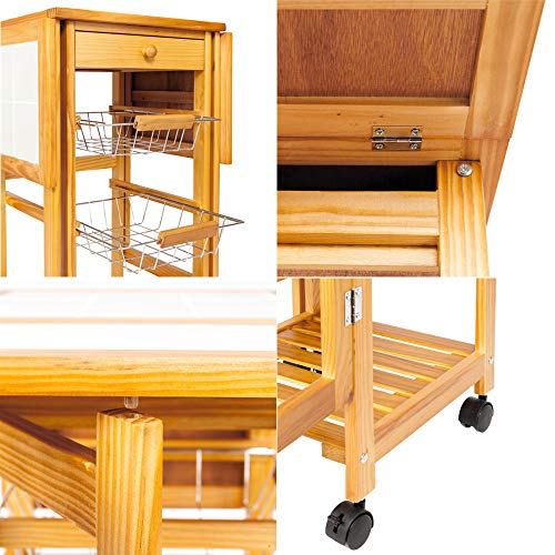 Kepooman Kitchen Dining Cart Wood Portable Folding Rolling Drop Leaf Kitchen Island Storage Trolley Cart Shelves w/Drawers,Rack,Fruit Baskets,Brown