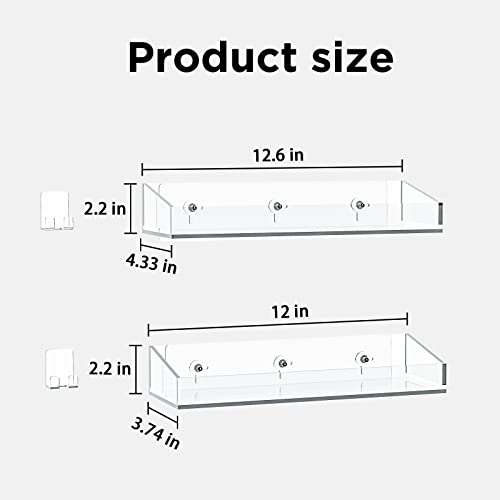 Sinminou Acrylic Shower Caddy Shelf 2- Pack of Traceless Adhesive Wall Mounted, No Drilling and Anti-rust, Clear Storage Rack for Shampoo Holder, Floating Acrylic Bathroom Shelves with Hooks for Razor