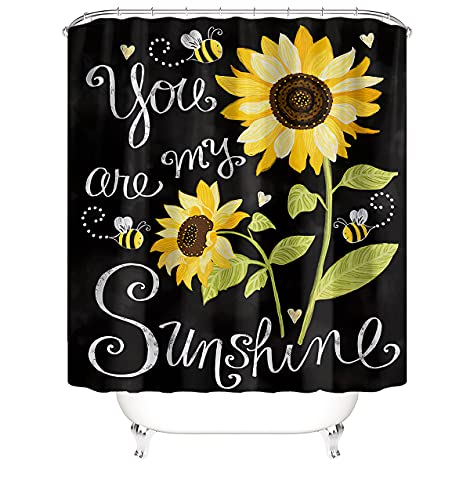 Sunflower 4PCS Shower Curtain Sets with Non-Slip Rugs, Toilet Lid Cover and Bath Mat, Durable Waterproof Shower Curtains with 12 Hooks (Sunflower2p)