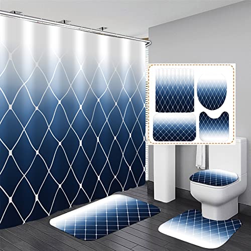 LQCOOL 4Pcs Navy Blue Shower Curtain Set White Blue Gradient Bathroom Shower Curtain Set with Rugs Water Repellent White Bathroom Decor Waterproof Fabric Shower Curtain Set with Rugs