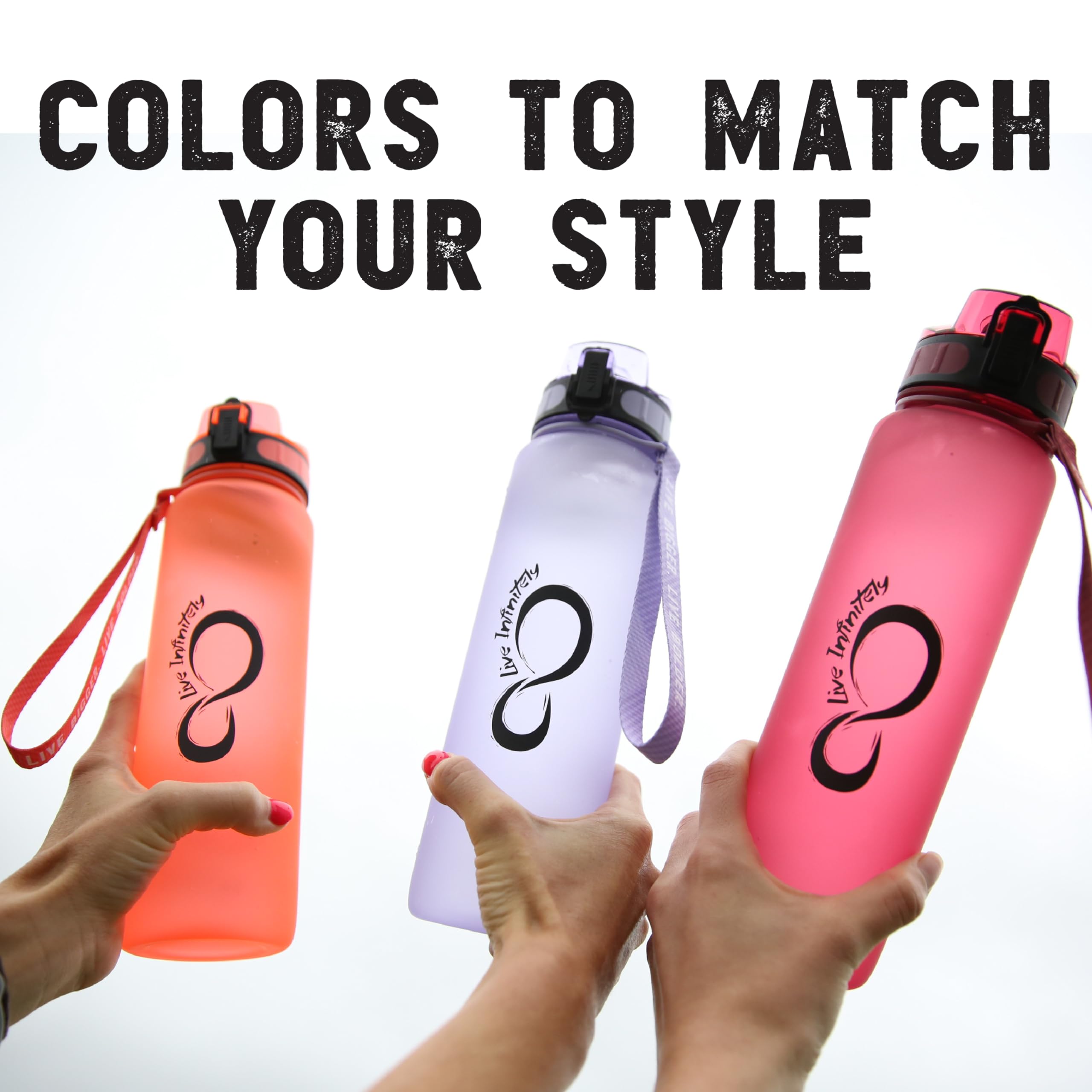 Live Infinitely 34 oz Gym Water Bottle with Time Marker - Fruit Infuser Screen BPA Free 1 Liter Water Bottle - Locking Flip Top Lid & Durable Travel Bottle Coating (Rose 34oz)