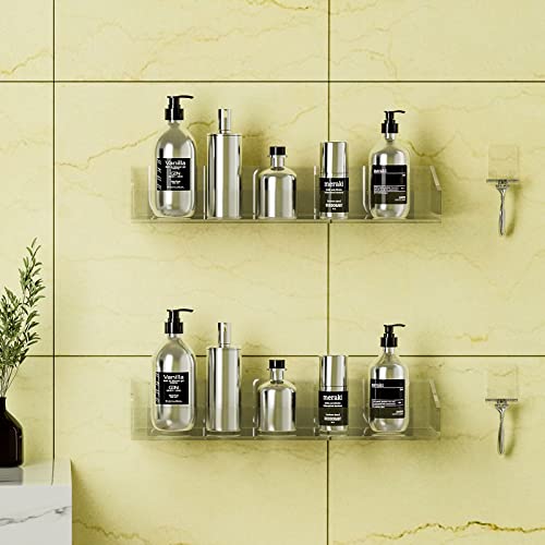 Sinminou Acrylic Shower Caddy Shelf 2- Pack of Traceless Adhesive Wall Mounted, No Drilling and Anti-rust, Clear Storage Rack for Shampoo Holder, Floating Acrylic Bathroom Shelves with Hooks for Razor