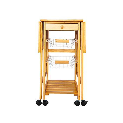 Kepooman Kitchen Dining Cart Wood Portable Folding Rolling Drop Leaf Kitchen Island Storage Trolley Cart Shelves w/Drawers,Rack,Fruit Baskets,Brown
