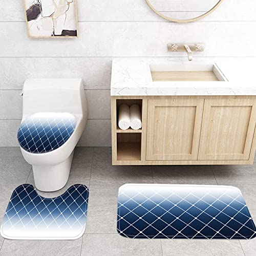 LQCOOL 4Pcs Navy Blue Shower Curtain Set White Blue Gradient Bathroom Shower Curtain Set with Rugs Water Repellent White Bathroom Decor Waterproof Fabric Shower Curtain Set with Rugs