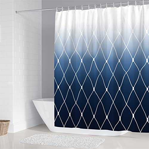 LQCOOL 4Pcs Navy Blue Shower Curtain Set White Blue Gradient Bathroom Shower Curtain Set with Rugs Water Repellent White Bathroom Decor Waterproof Fabric Shower Curtain Set with Rugs