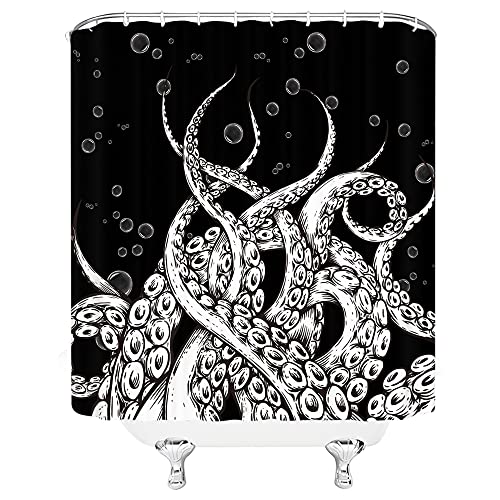 TFGGNDF 2 Piece Octopus Shower Curtain Sets with Bath Mat,White Octopus Tentacles Black Background Ocean Kraken 70"x 70" Bathroom Curatin with 12 Hooks and Bath Rugs