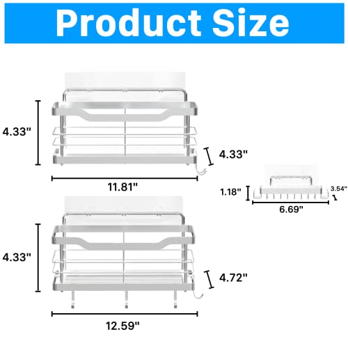 Carwiner Shower Shelf Deep Caddy 3-Pack basket with 10 Hooks & Soap Dish Holder, SUS304 Stainless Steel Bathroom Caddy Organizer Rack Adhesive Shampoo Holder Wall Mounted No Drilling (Silver)