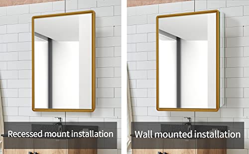 FOMAYKO Aluminum Bathroom Medicine Cabinet with Farmhouse Gold Framed 16x26 Inches Recess or Surface Mount Mirror Cabinet for Bathroom Toilet Kitchen