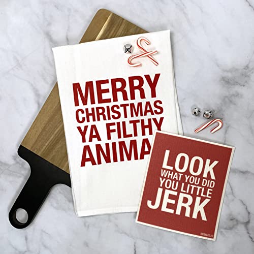 RubiaRojo Holiday Kitchen Towel β Merry Christmas Ya Filthy Animal β White Flour Sack Hand Towel