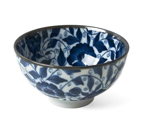 MIYA Set of Four 4.5 Inch Blue & White Flower Design Japanese Rice Bowls