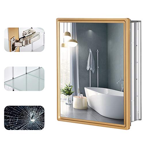 FOMAYKO Aluminum Bathroom Medicine Cabinet with Farmhouse Gold Framed 16x26 Inches Recess or Surface Mount Mirror Cabinet for Bathroom Toilet Kitchen