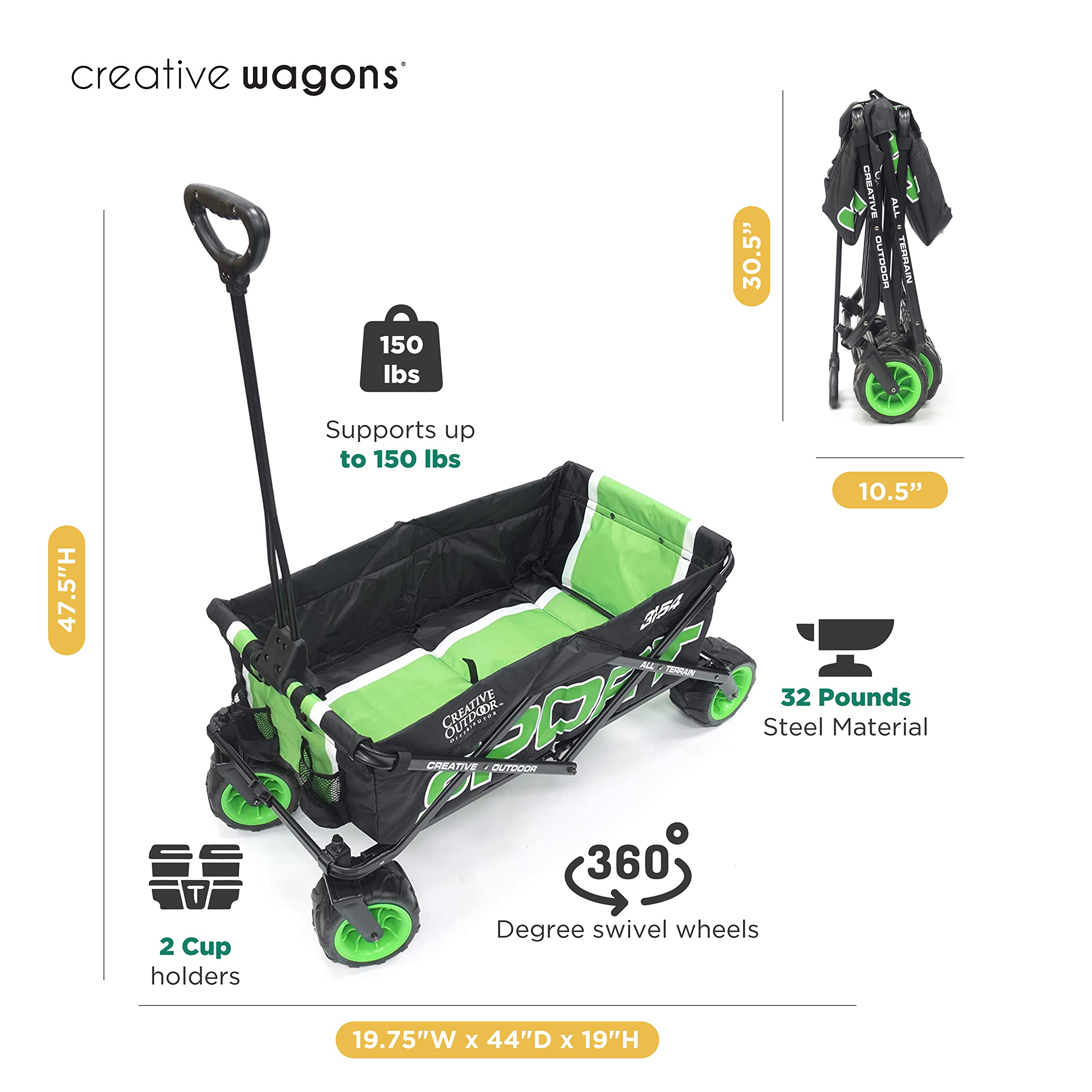 Creative Outdoor Push Pull Beach Hauler XXL, Collapsible and Portable Folding Wagon Cart, 200lbs Weight Capacity, Sport Series, Beach, Park, Garden Sports & Tailgate, (Green)