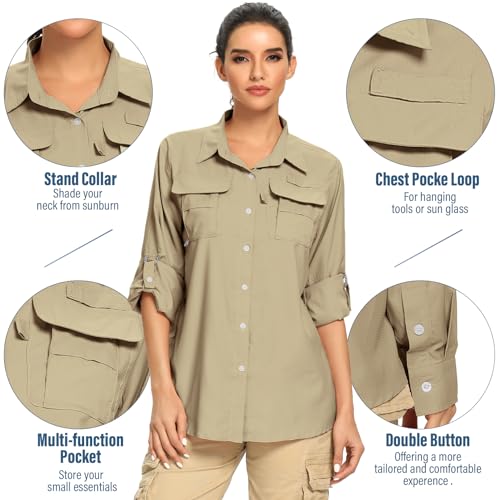 linlon Women's UPF Long Sleeve Fishing Shirts Button Up Hiking Safari Shirts Sun Protection and Quick Dry,Khaki,M