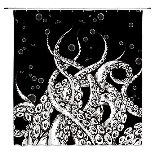 TFGGNDF 2 Piece Octopus Shower Curtain Sets with Bath Mat,White Octopus Tentacles Black Background Ocean Kraken 70"x 70" Bathroom Curatin with 12 Hooks and Bath Rugs