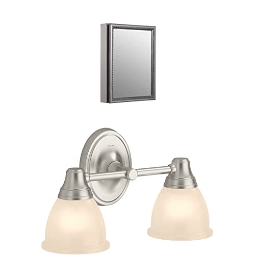 Kohler Decorative Silver Frame Mirror Door 20 inch x 26 inch Aluminum Bathroom Medicine Cabinet with Forte 2 Light Sconce in Brushed Nickel; Recess or Surface Mount