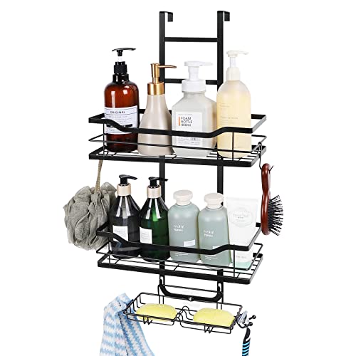 Over the Door Shower Caddy, Hanging Shower Organizer for Bathroom, Shower Storage Rack Shelf with Hooks & Screw Adhesives & Soap Holder, 3 Tier Bathroom Shower Basket, Rustproof No Drilling - Black