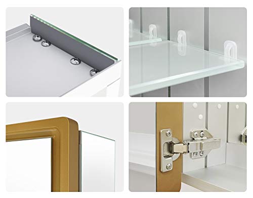 FOMAYKO Aluminum Bathroom Medicine Cabinet with Farmhouse Gold Framed 16x26 Inches Recess or Surface Mount Mirror Cabinet for Bathroom Toilet Kitchen