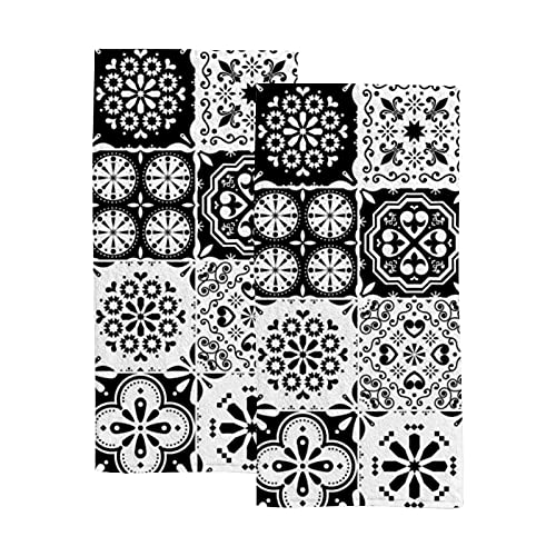 Vintage Black and White Boho Checkered Pattern Microfiber Towel 2 Hand Towels for Bathroom 15" x 30" Absorbent Soft for Hand, Face, Kitchen, Hotel, Spa, Gym, Beach, Swim, Pool.
