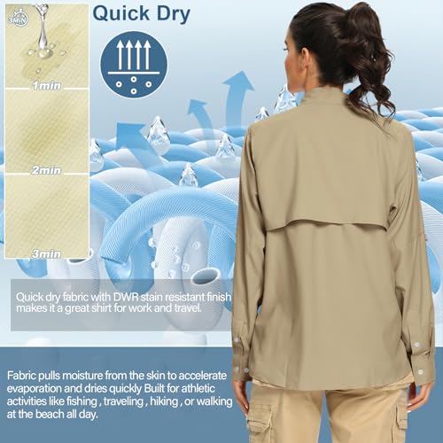linlon Women's UPF Long Sleeve Fishing Shirts Button Up Hiking Safari Shirts Sun Protection and Quick Dry,Khaki,M