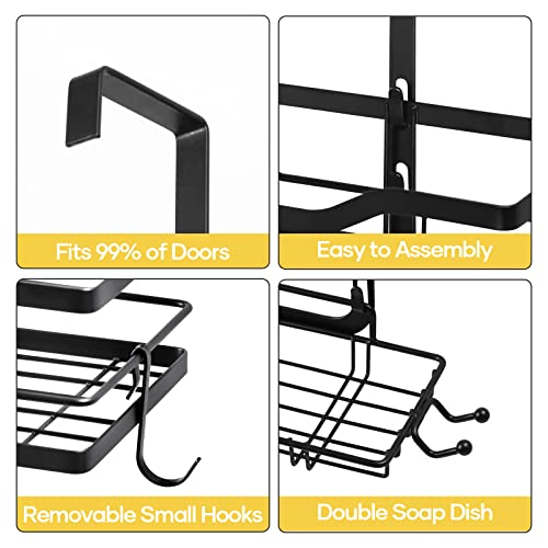 Over the Door Shower Caddy, Hanging Shower Organizer for Bathroom, Shower Storage Rack Shelf with Hooks & Screw Adhesives & Soap Holder, 3 Tier Bathroom Shower Basket, Rustproof No Drilling - Black