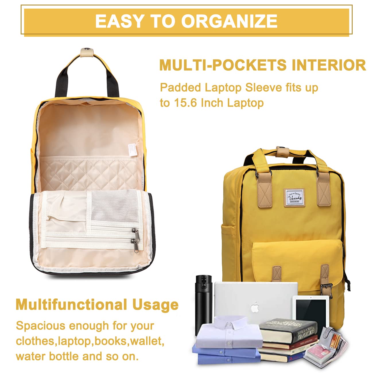 VASCHY Laptop Backpack for Men and Women, Unisex Vintage Water Resistant Casual Daypack Rucksack Bookbag for School College Yellow