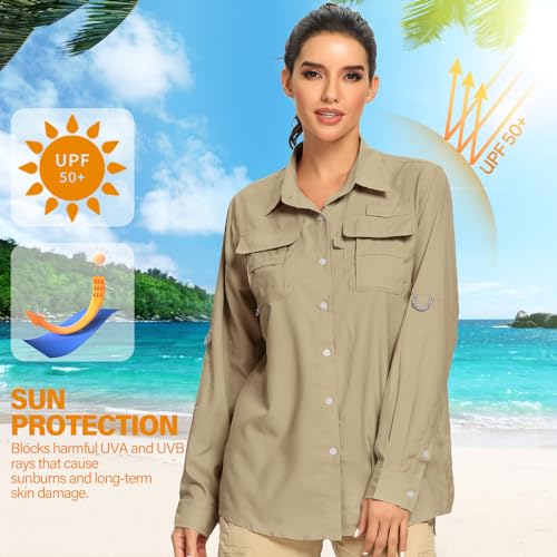 linlon Women's UPF Long Sleeve Fishing Shirts Button Up Hiking Safari Shirts Sun Protection and Quick Dry,Khaki,M