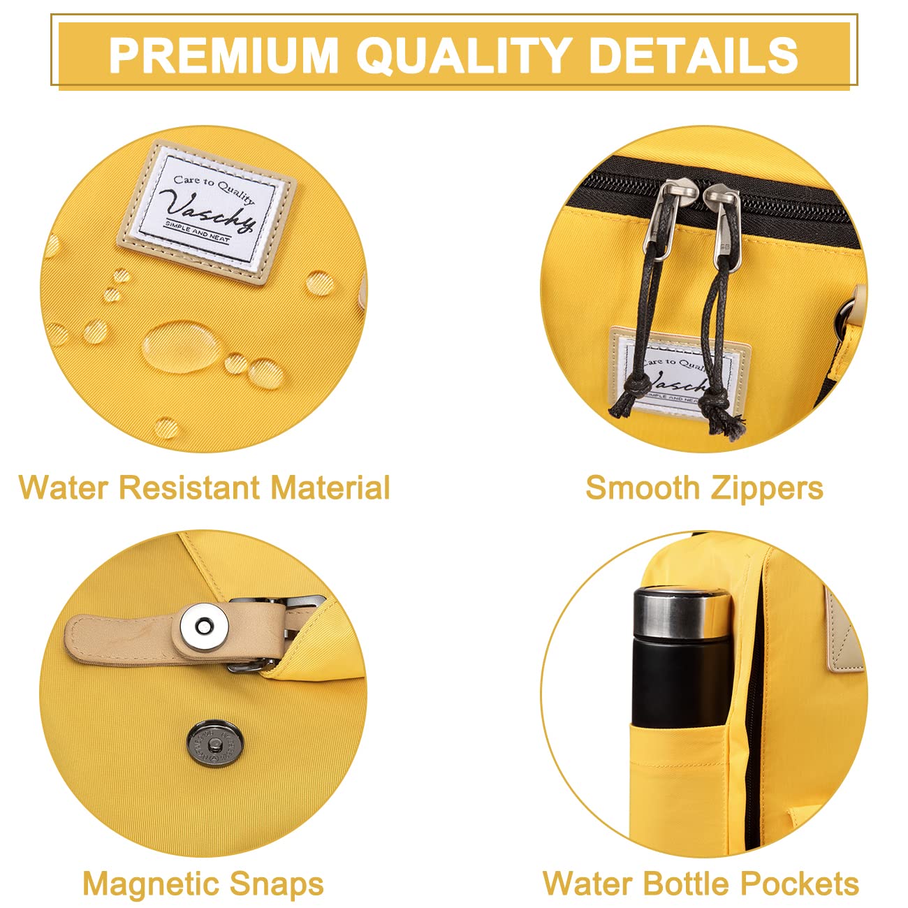 VASCHY Laptop Backpack for Men and Women, Unisex Vintage Water Resistant Casual Daypack Rucksack Bookbag for School College Yellow