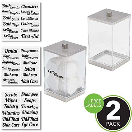 mDesign Acrylic Storage Organizer Canister Jar with Labels, Large Containers - Bathroom Storage, Organization for Vanity, Counter, or Makeup Table, Lumiere Collection, Set/2 + Labels, Clear/Brushed