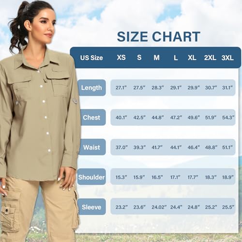 linlon Women's UPF Long Sleeve Fishing Shirts Button Up Hiking Safari Shirts Sun Protection and Quick Dry,Khaki,M