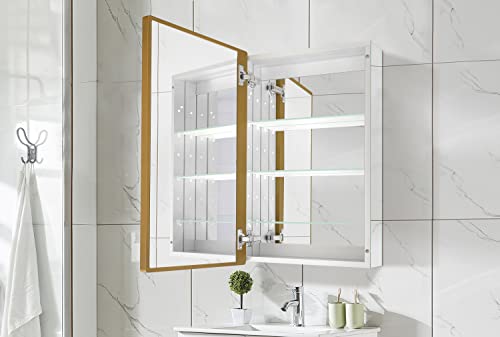 FOMAYKO Aluminum Bathroom Medicine Cabinet with Farmhouse Gold Framed 16x26 Inches Recess or Surface Mount Mirror Cabinet for Bathroom Toilet Kitchen