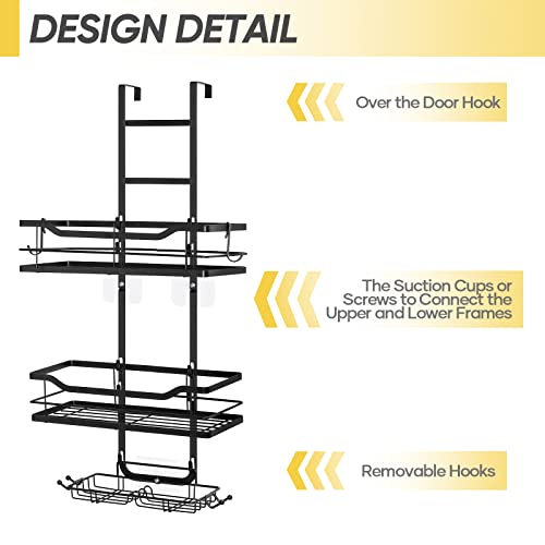 Over the Door Shower Caddy, Hanging Shower Organizer for Bathroom, Shower Storage Rack Shelf with Hooks & Screw Adhesives & Soap Holder, 3 Tier Bathroom Shower Basket, Rustproof No Drilling - Black