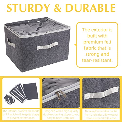 Premium Felt Shoe Organizer Closet Storage Solution with Adjustable Dividers & Clear Cover for Storing Shoes, Clothing, Handbags, Blankets (19.7β L x 15.7β W)