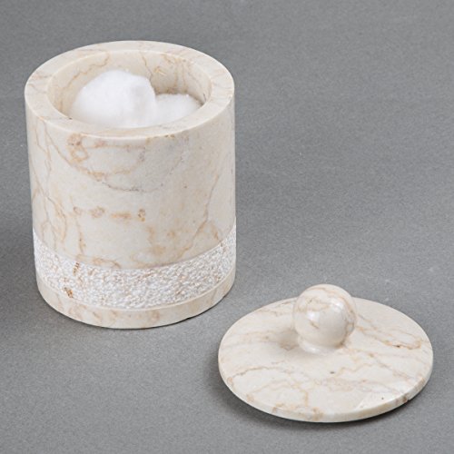 Creative Home Natural Champagne Marble Hand Carved Collection Cotton Ball Swab Holder, Storage Jar Container Organizer Bathroom Countertop Organizer, Beige