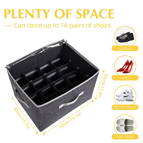 Premium Felt Shoe Organizer Closet Storage Solution with Adjustable Dividers & Clear Cover for Storing Shoes, Clothing, Handbags, Blankets (19.7β L x 15.7β W)