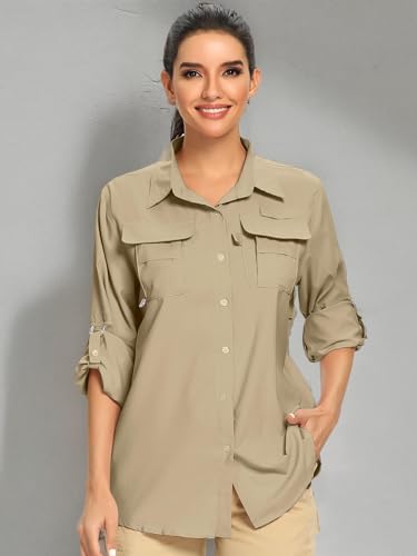linlon Women's UPF Long Sleeve Fishing Shirts Button Up Hiking Safari Shirts Sun Protection and Quick Dry,Khaki,M